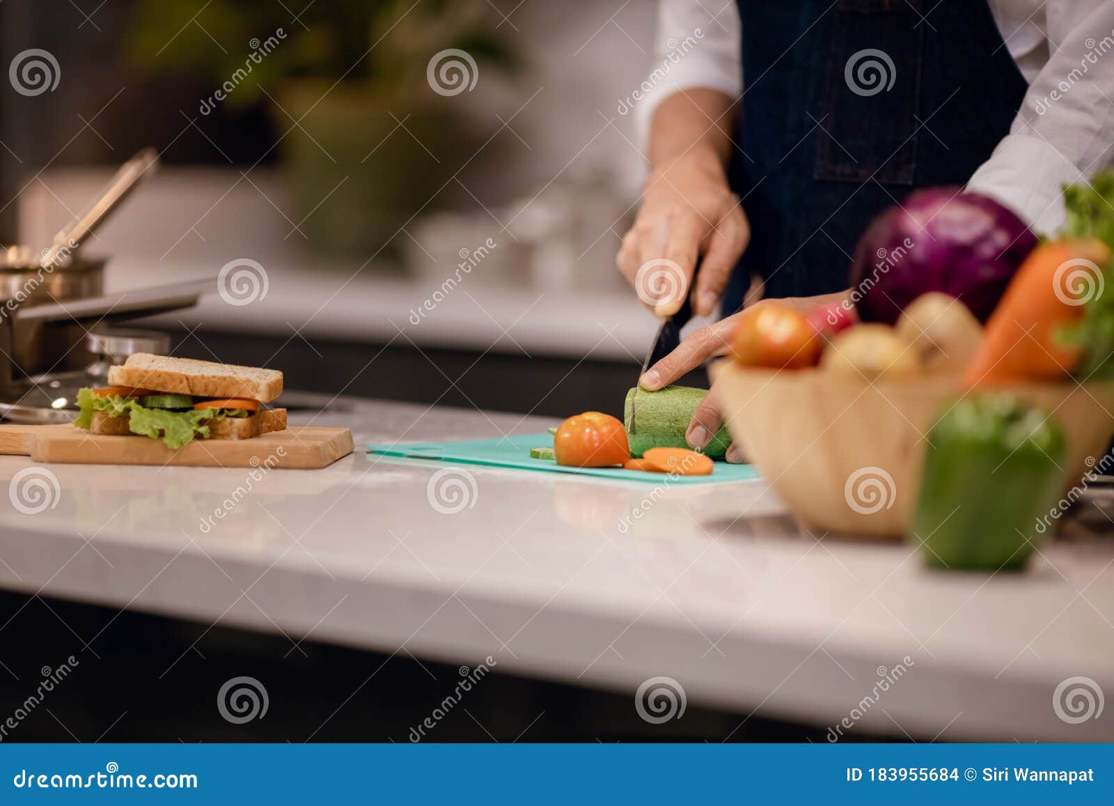 Chef Making Sandwich for Breakfast in the Kitchen at Home . Hand ...