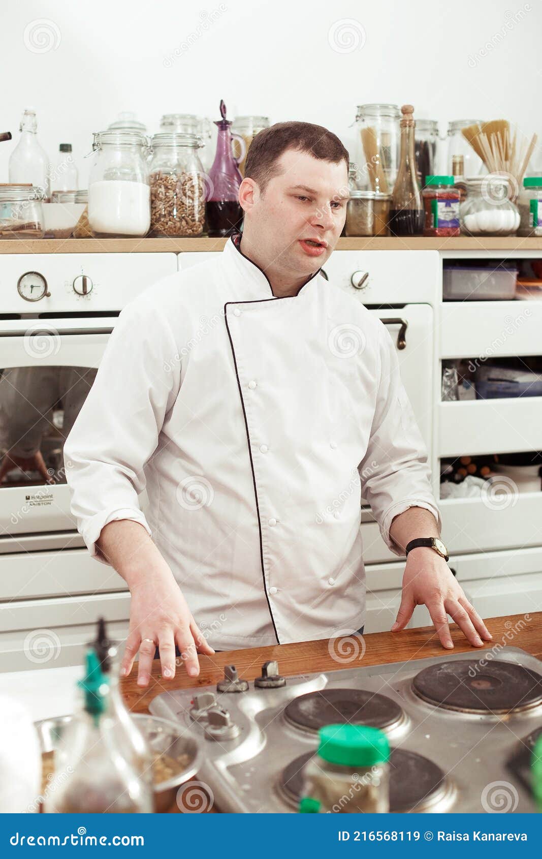 The Chef Shows a Master Class in the Kitchen, Shows the Students a ...