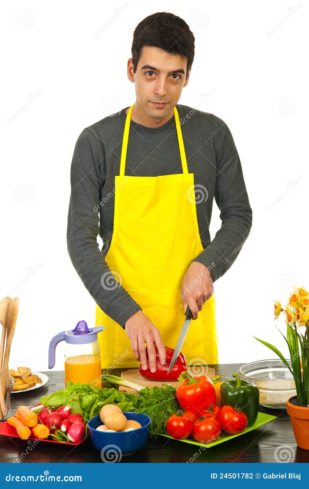 Chef Man Cutting Red Pepper Stock Photo - Image of apron, caucasian ...