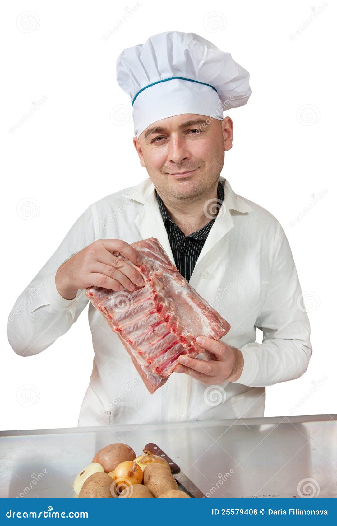Chef man with meat stock photo. Image of indoor, portrait - 25579408
