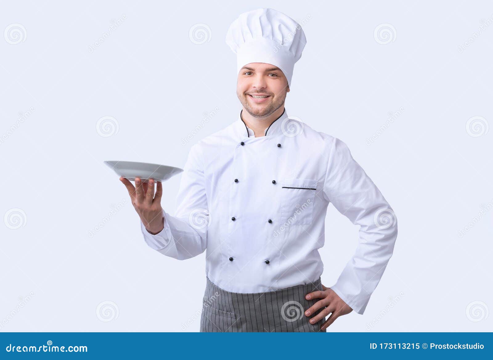Chef Man Posing with Plate Smiling To Camera, Studio Shot Stock Image ...