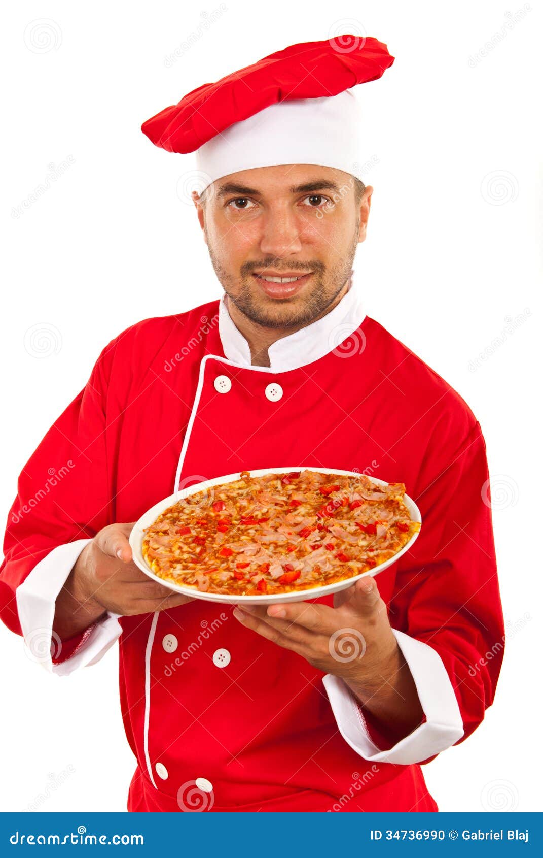 Chef man showing pizza stock photo. Image of look, cooker - 34736990