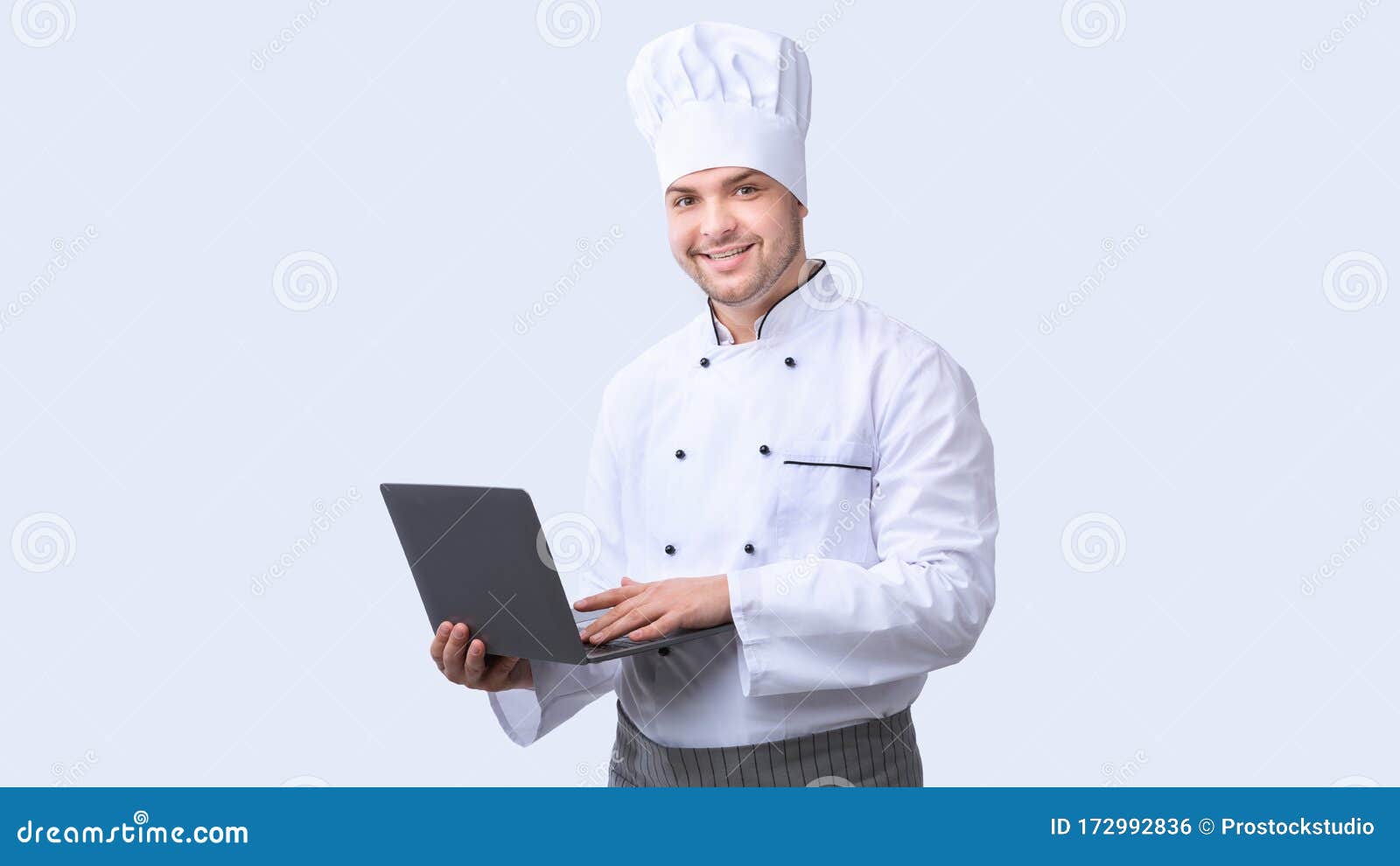 Chef Man Using Laptop Standing on White Studio Background, Panorama ...