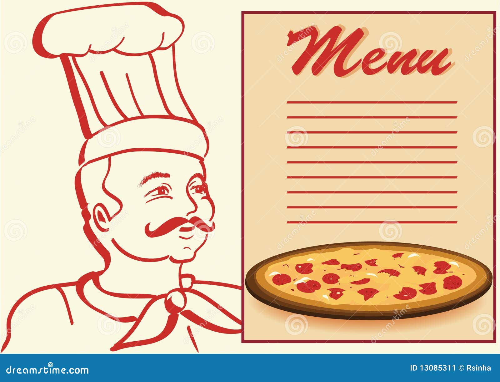 Chef with menu and pizza. stock vector. Illustration of business - 13085311