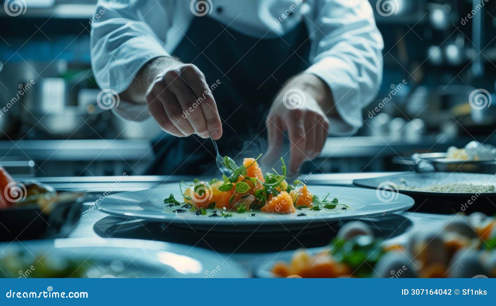 Chef Meticulously Plating a Dish with Precision in a Professional ...