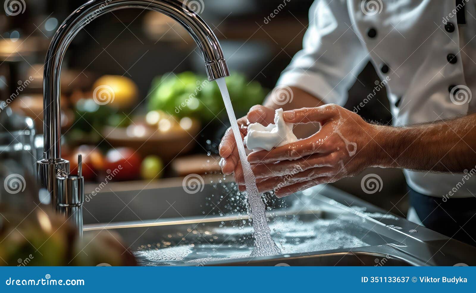Chef Meticulously Washes Hands at Kitchen Sink. Close-up Hygiene ...