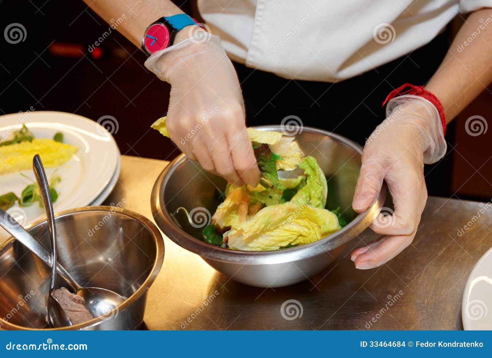 Chef is Mixing Salad at Professional Kitchen Stock Photo - Image of ...