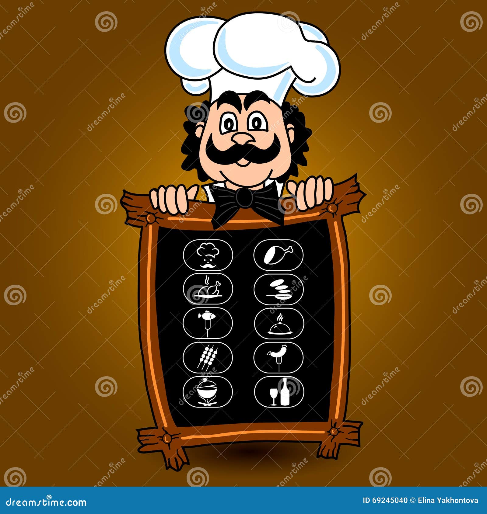 Chef Offers a Menu and a Set of Food Icons, Vector Illustration. Stock ...