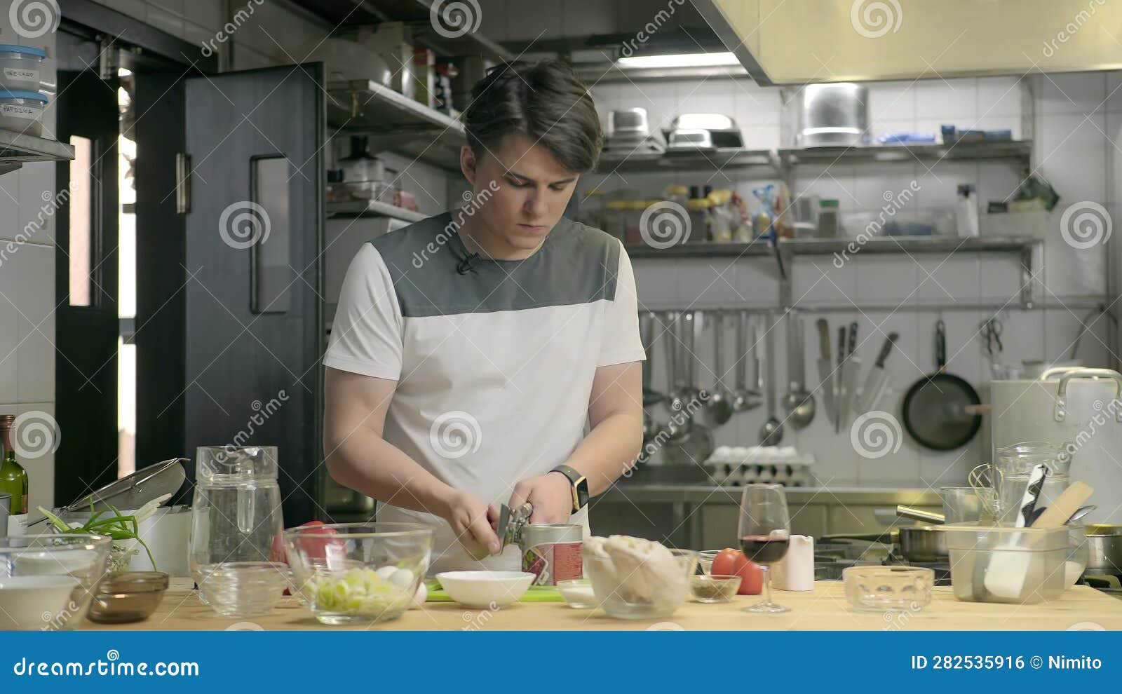 Chef Open Can with Beans in Restaurant Kitchen Stock Photo - Image of ...