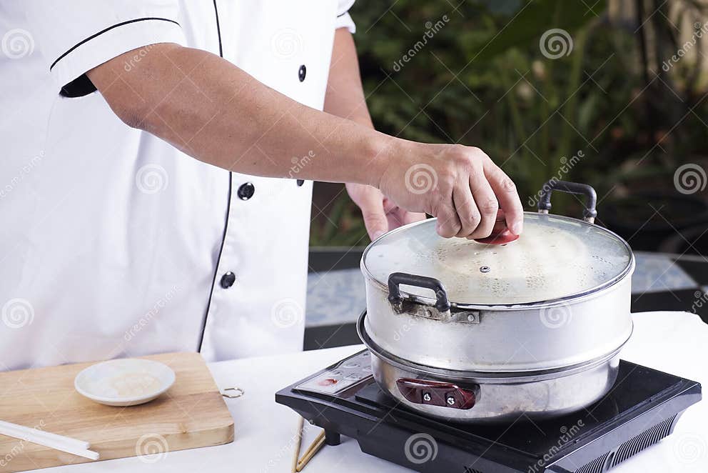 Chef opening the pot stock image. Image of design, flame - 49920809