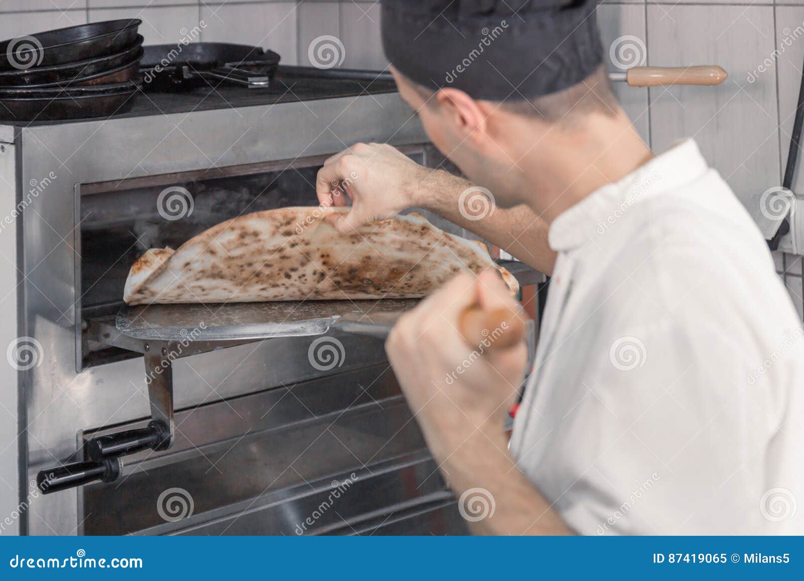 Chef Oven Baking Pizza, Commercial Kitchen Stock Image - Image of ...
