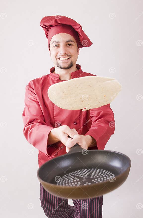 Chef with Pan Flips Pancake Stock Photo - Image of professional ...