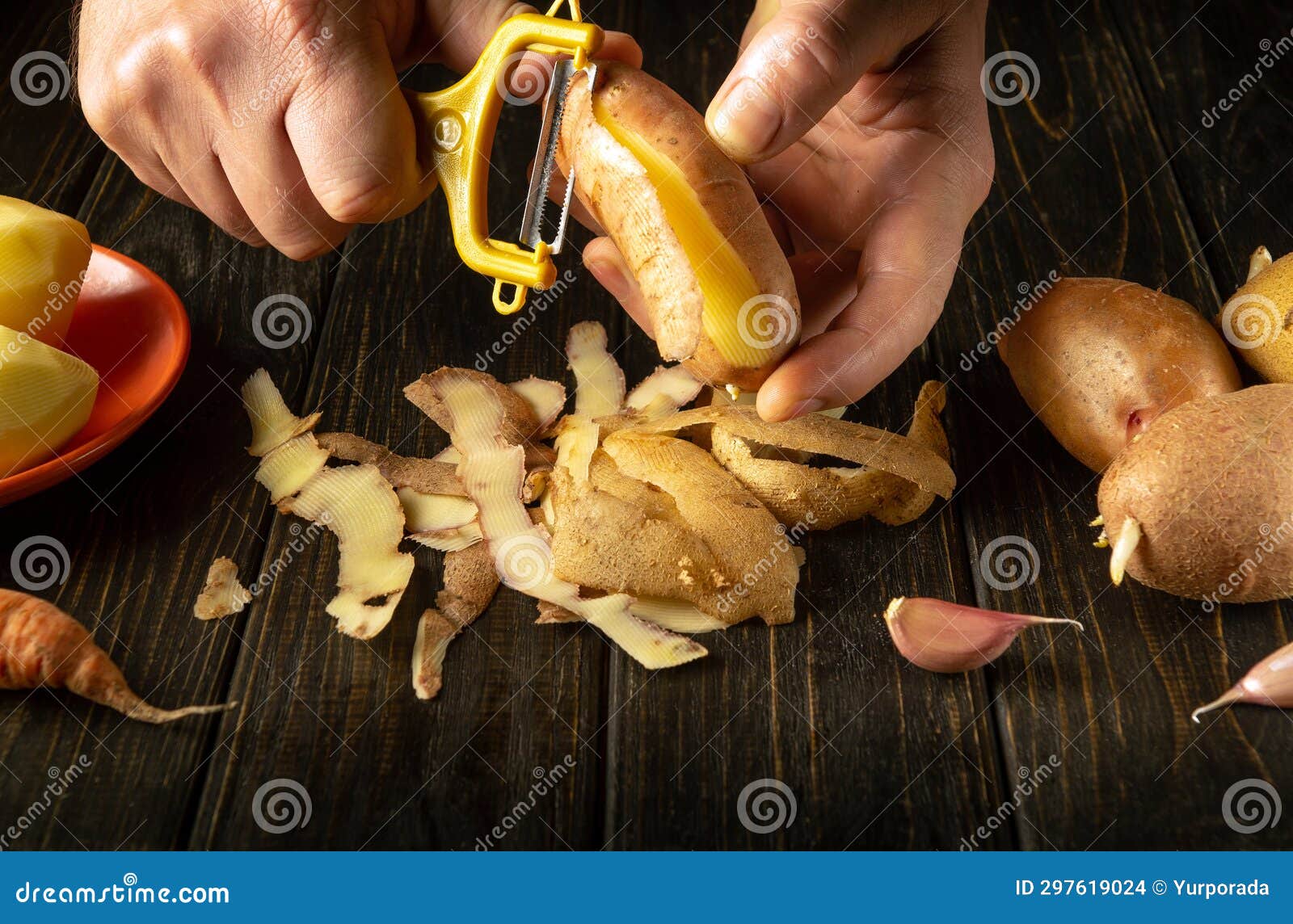 The Chef Peels Potato for Mashed Potatoes. Vegetable Diet Idea Stock ...