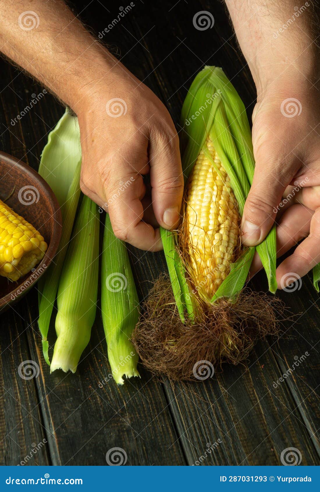 The Chef Peels Ripe Corn from the Shell before Cooking. Work ...