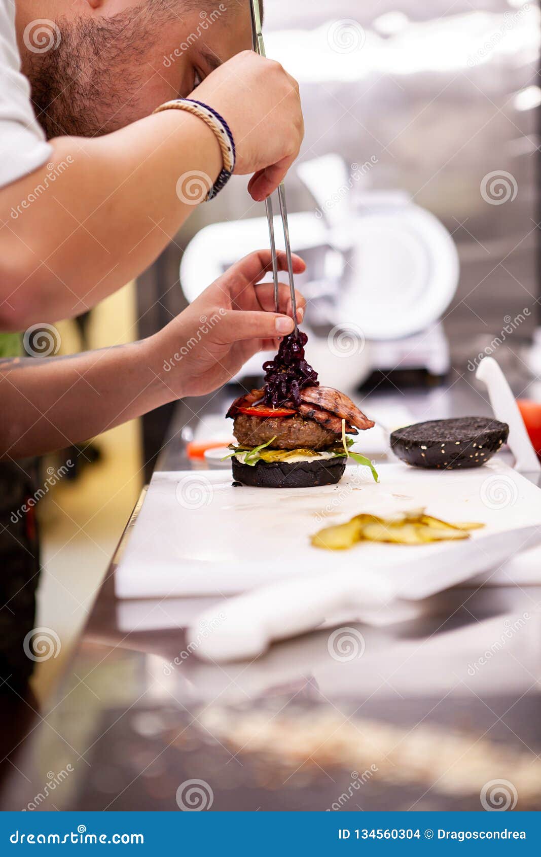 Chef Performs How To Make Proper Buger Stock Photo - Image of hamburger ...