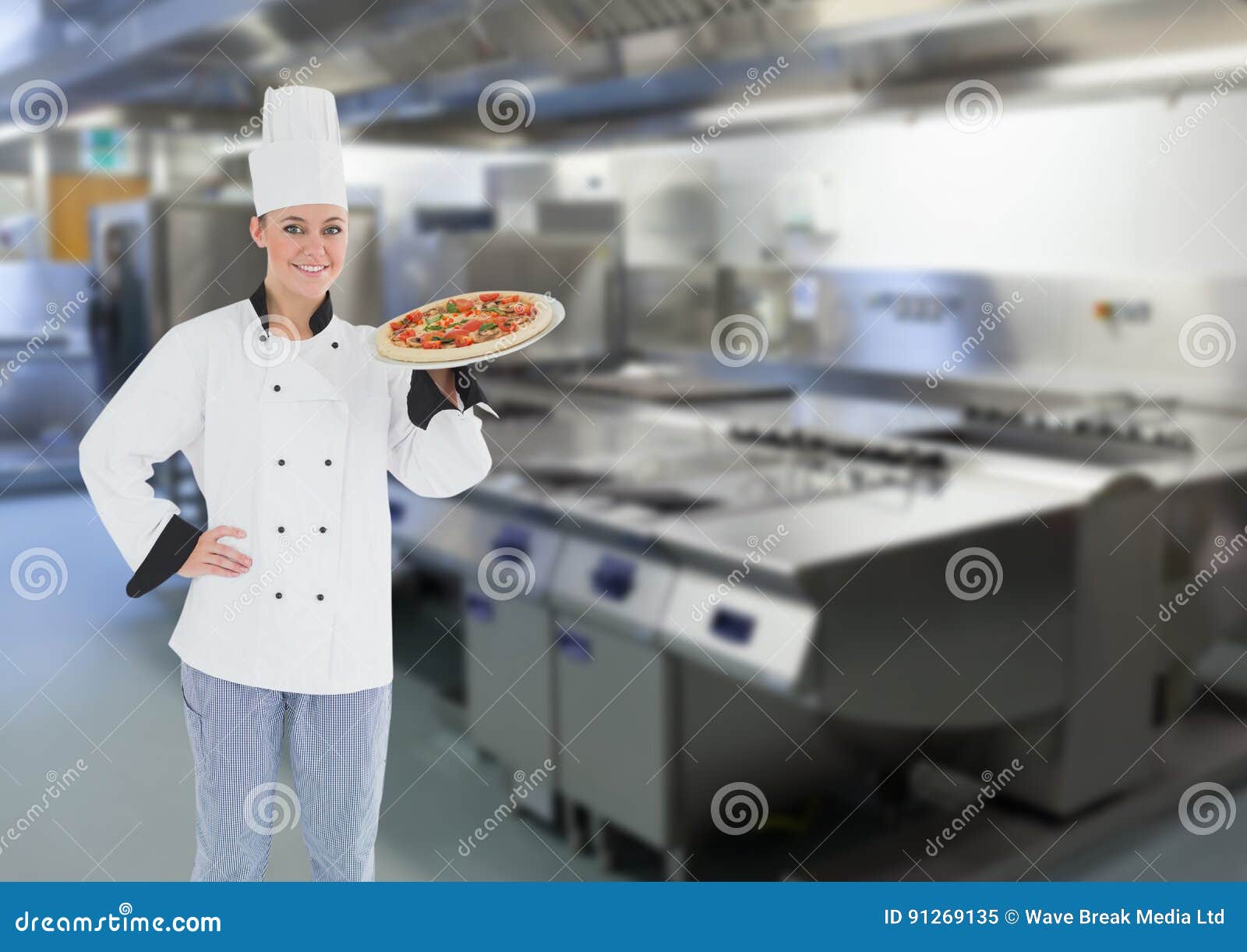Chef with Pizza in the Restaurants Kitchen Stock Image - Image of happy ...