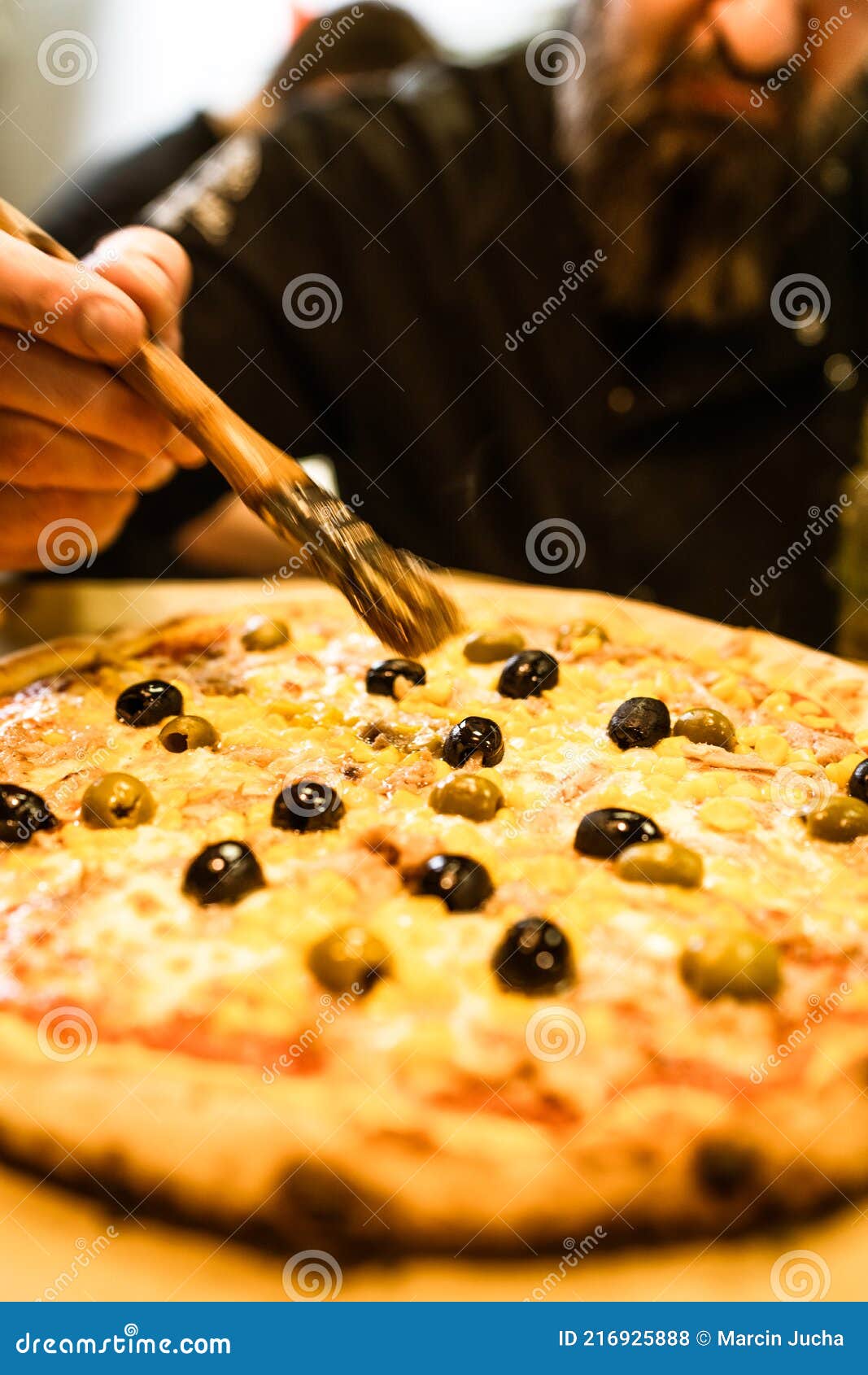 Chef Pizzer Preparing Fresh Pizza for Serving. Restaurant Waiter at ...