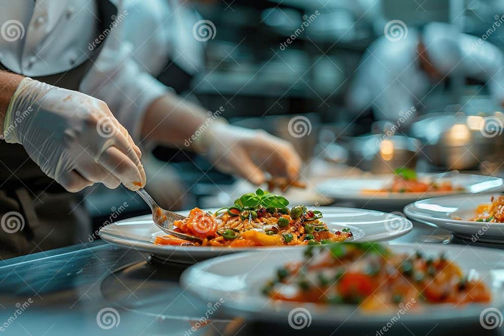 Chef Plating a Delicious Pasta Dish with Vegetables Stock Illustration ...