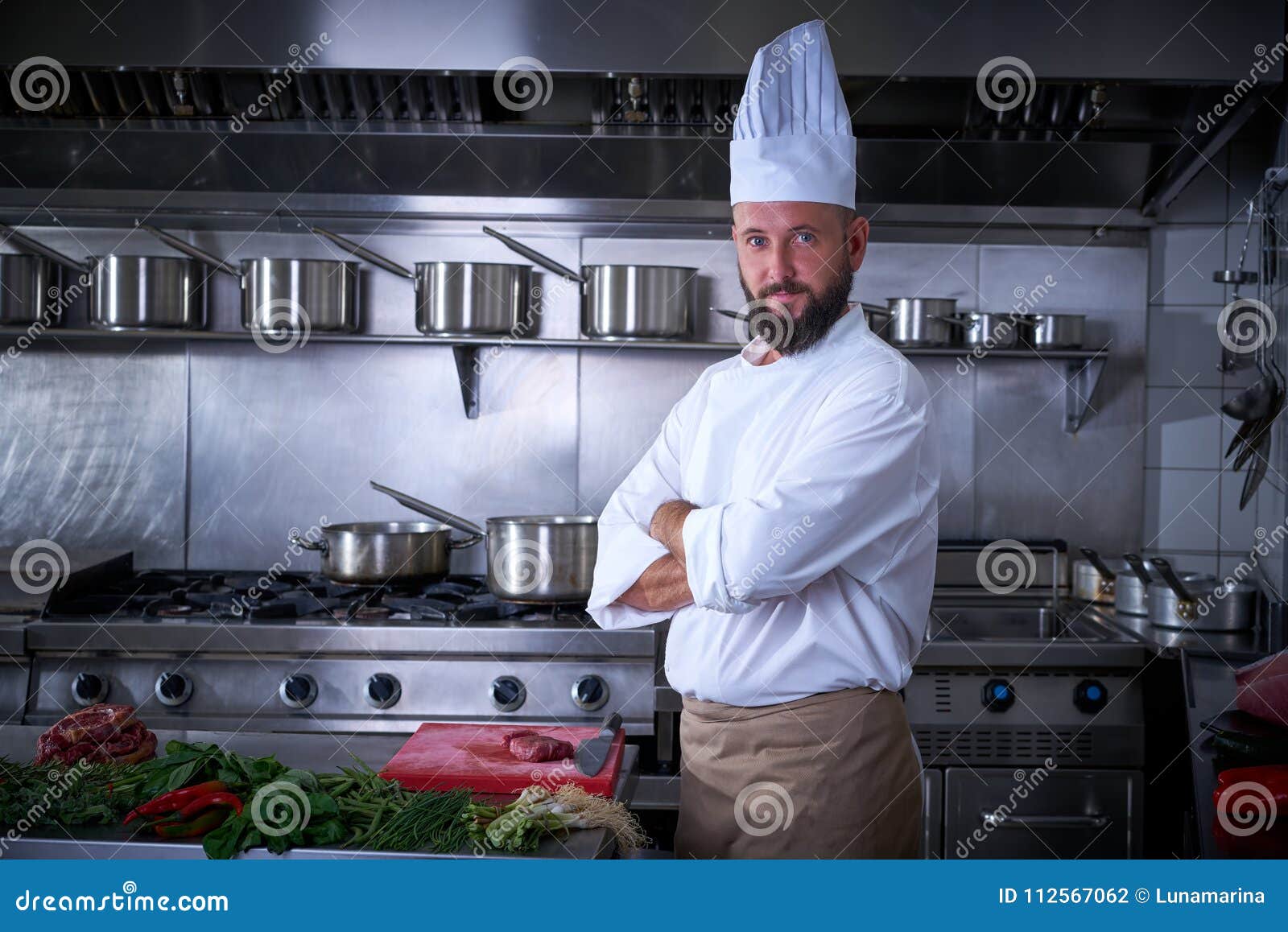 Chef Portrait with Beard in Restaurant Kitchen Stock Photo - Image of ...