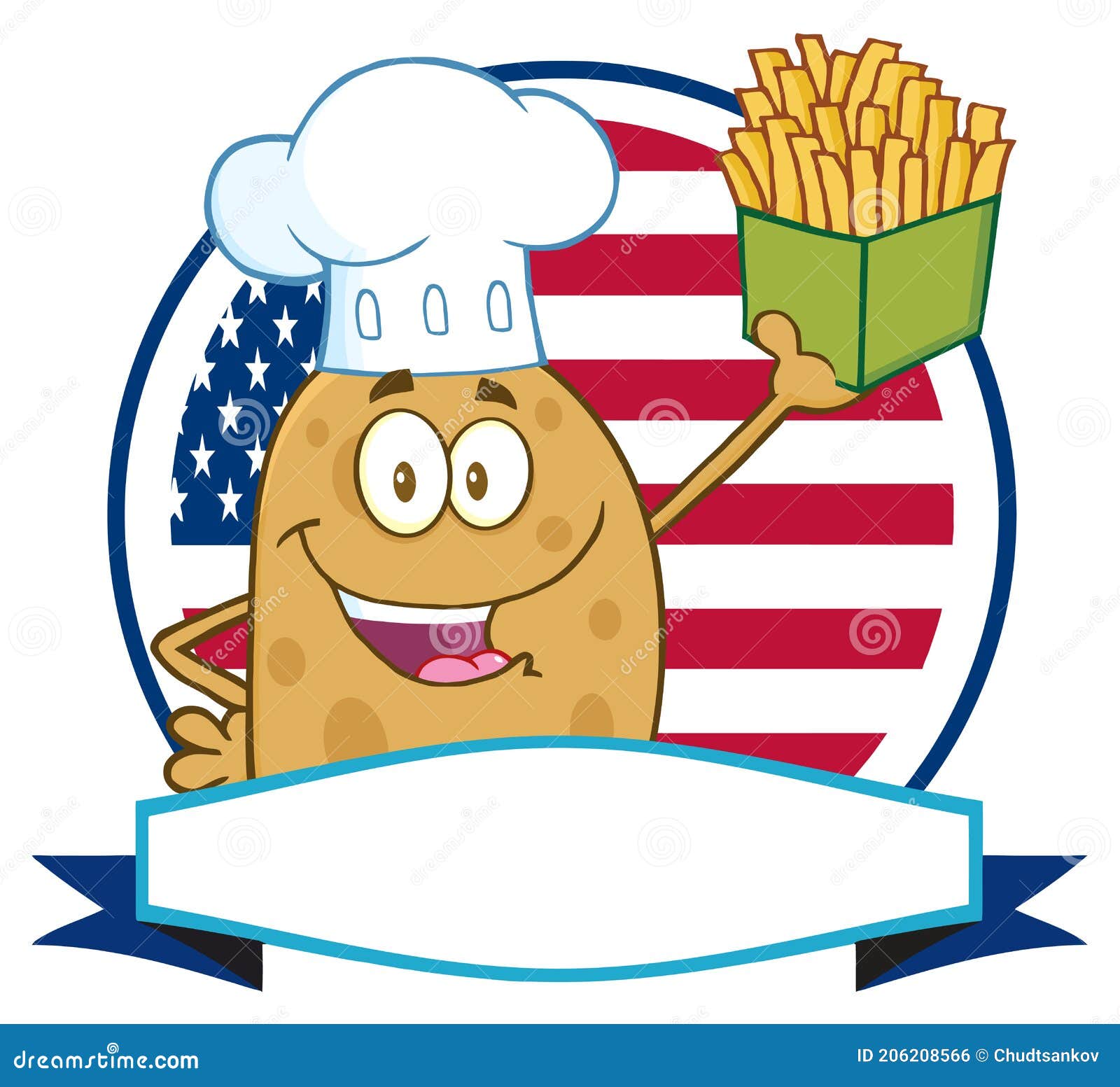 Chef Potato Cartoon Character Over a Circle Blank Banner in Front of ... Chef Potato Cartoon Character Over a Circle Blank Banner in Front of ...