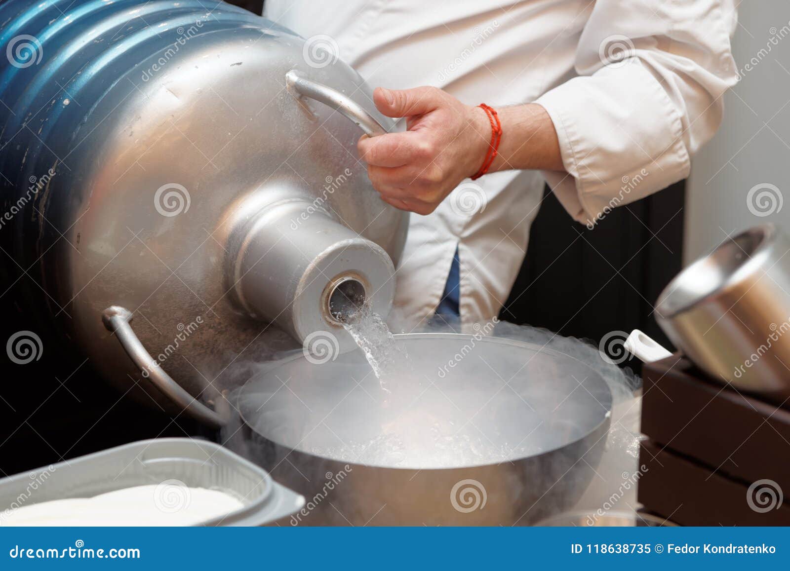 Chef is Pouring Liquid Nitroden from a Large Dewar Flask Stock Image ...