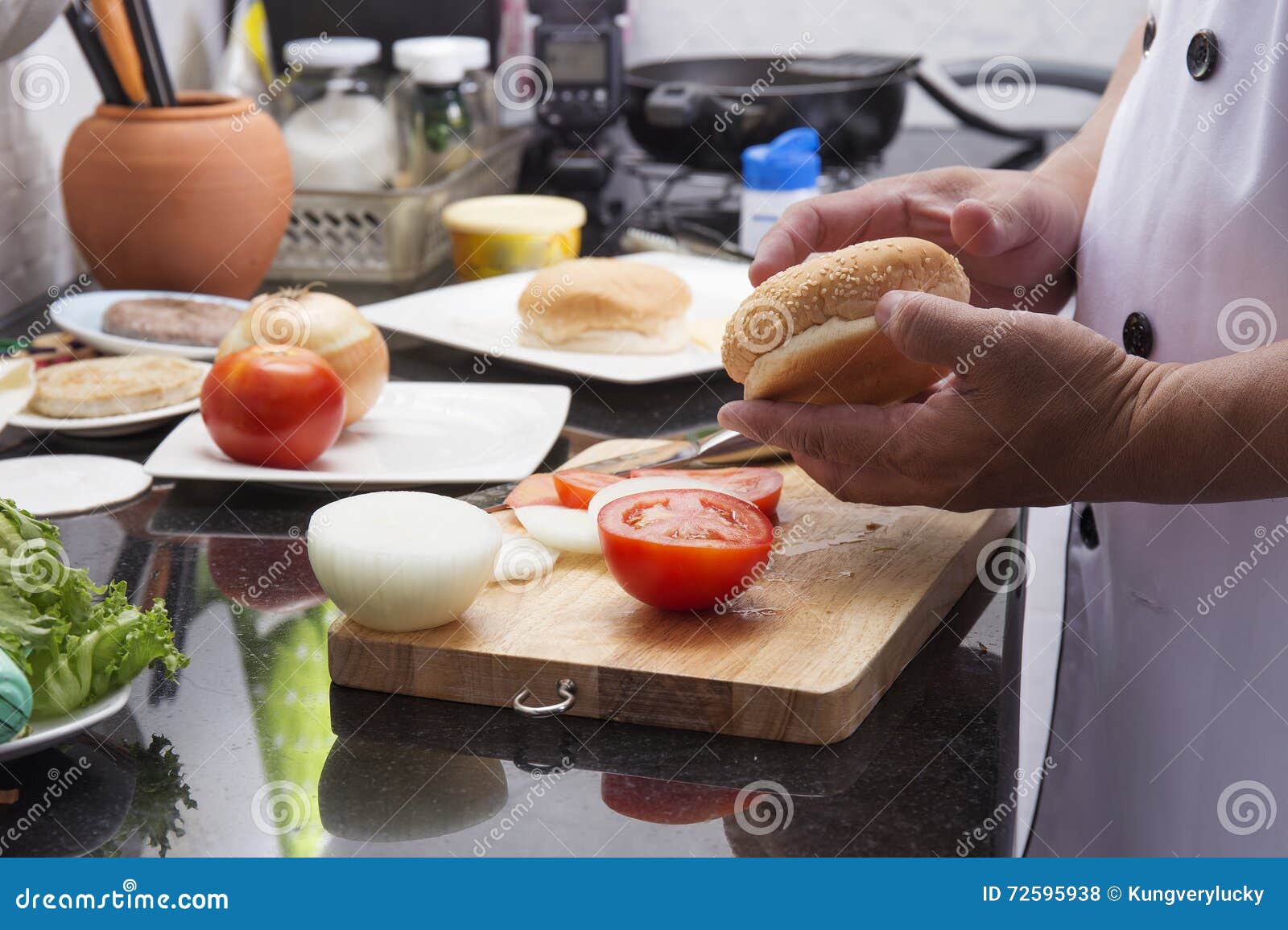 Chef Prepared Burger before Cooking Hamburger Stock Photo - Image of ...