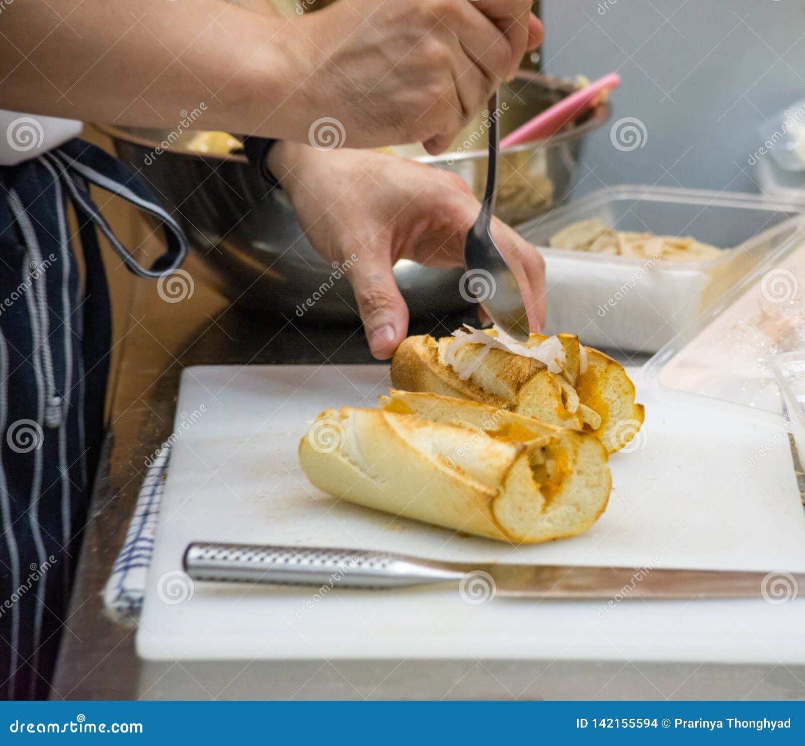 Sandwich Chef Prepares Sandwich in the Kitchen, Delicious Sandwich with ...