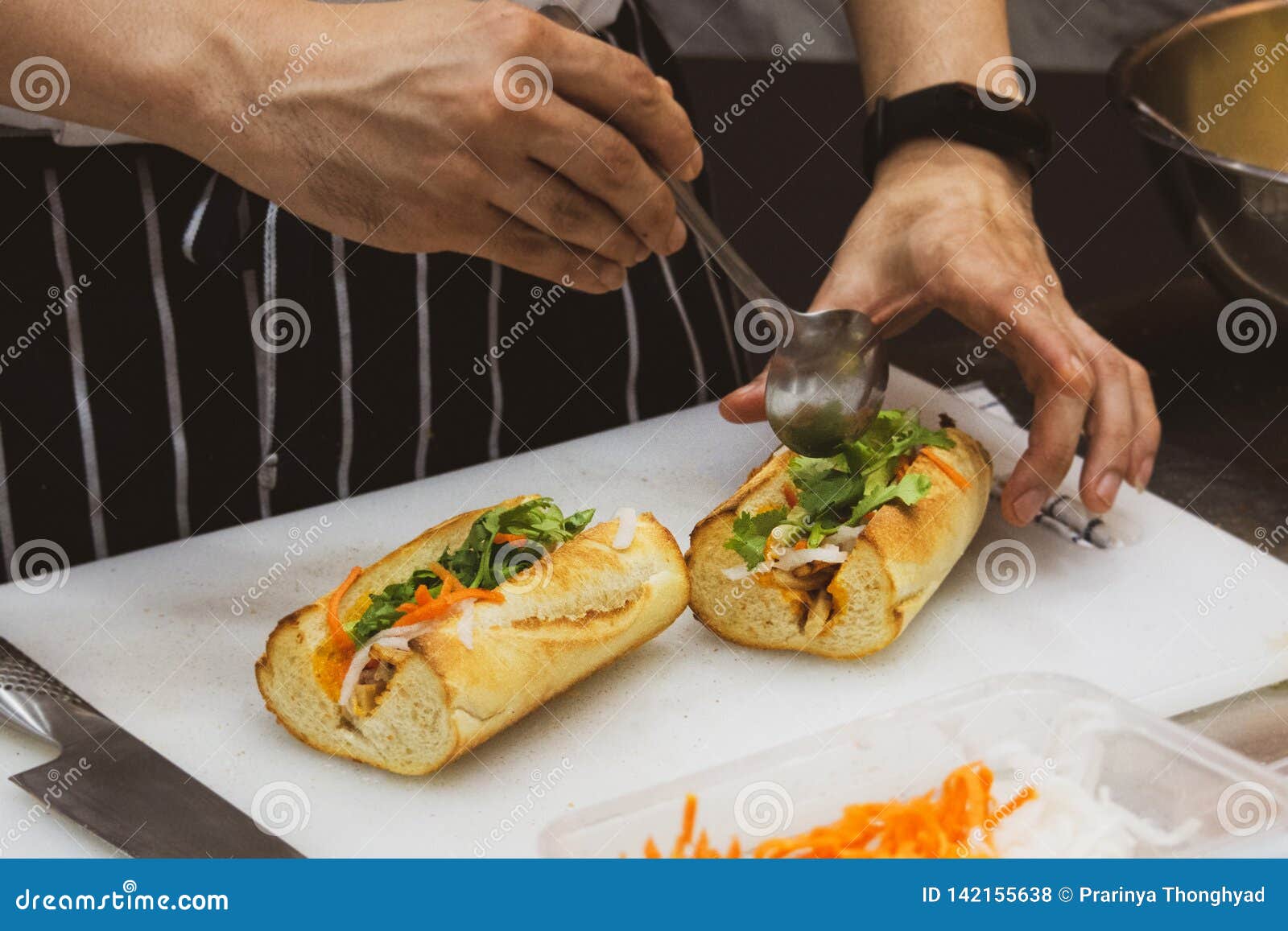 Chef Prepares Sandwich in the Kitchen, Delicious Sandwich with Veggies ...