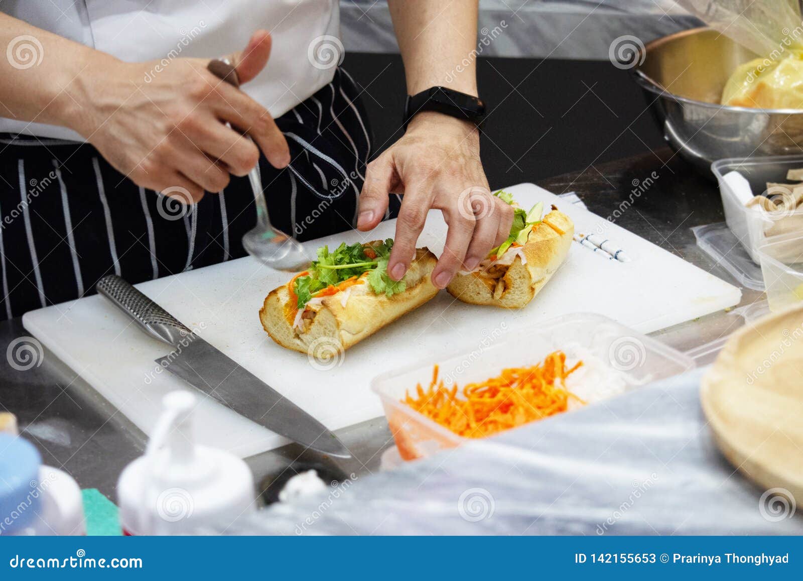 Chef Prepares Sandwich in the Kitchen, Delicious Sandwich with Veggies ...