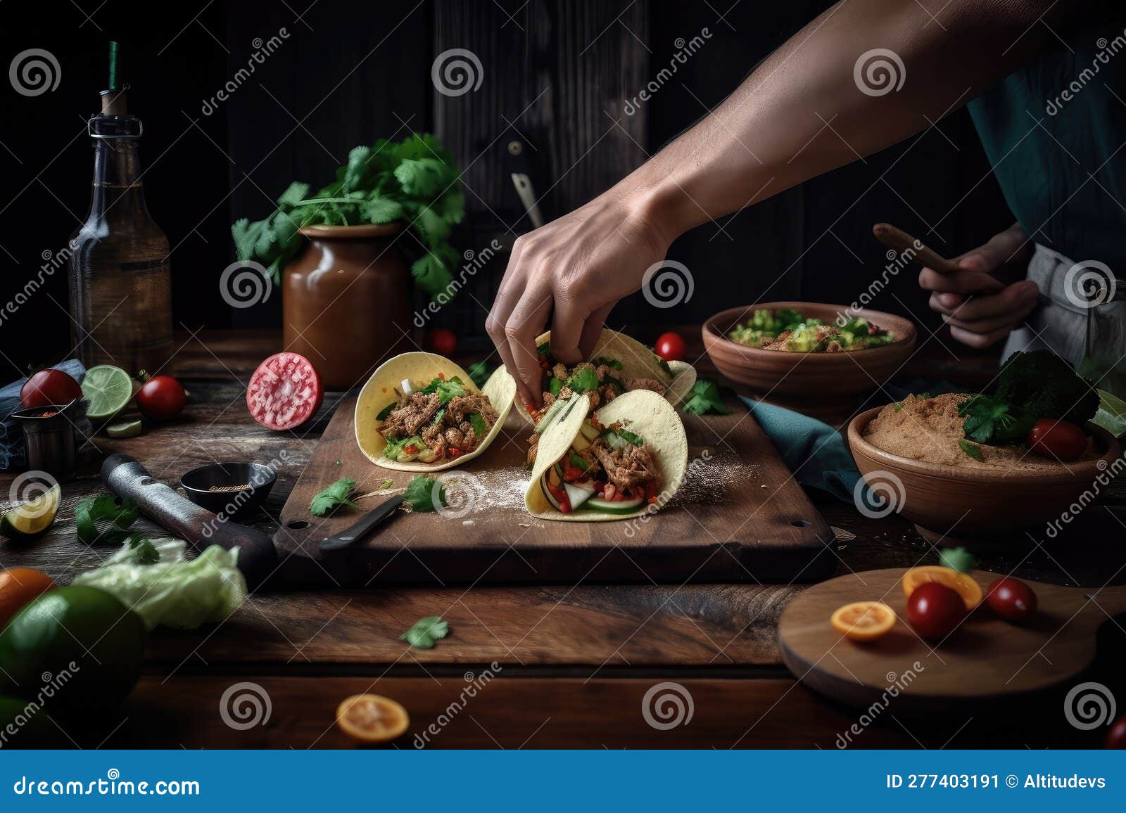 Chef, Preparing Authentic Tacos, with Fresh Ingredients and Spicy Salsa ...