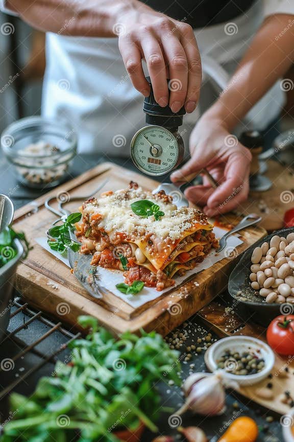 Chef Preparing a Gourmet Lasagna with Fresh Ingredients, Using Precise ...