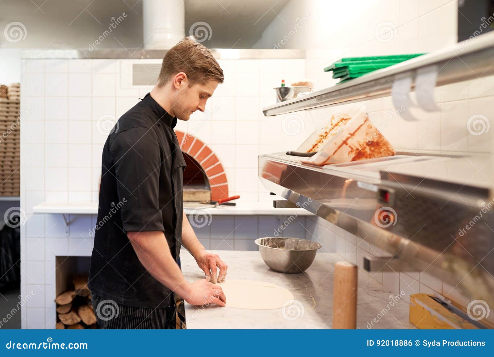 Chef Preparing Pizza Dough in Kitchen at Pizzeria Stock Photo - Image ...