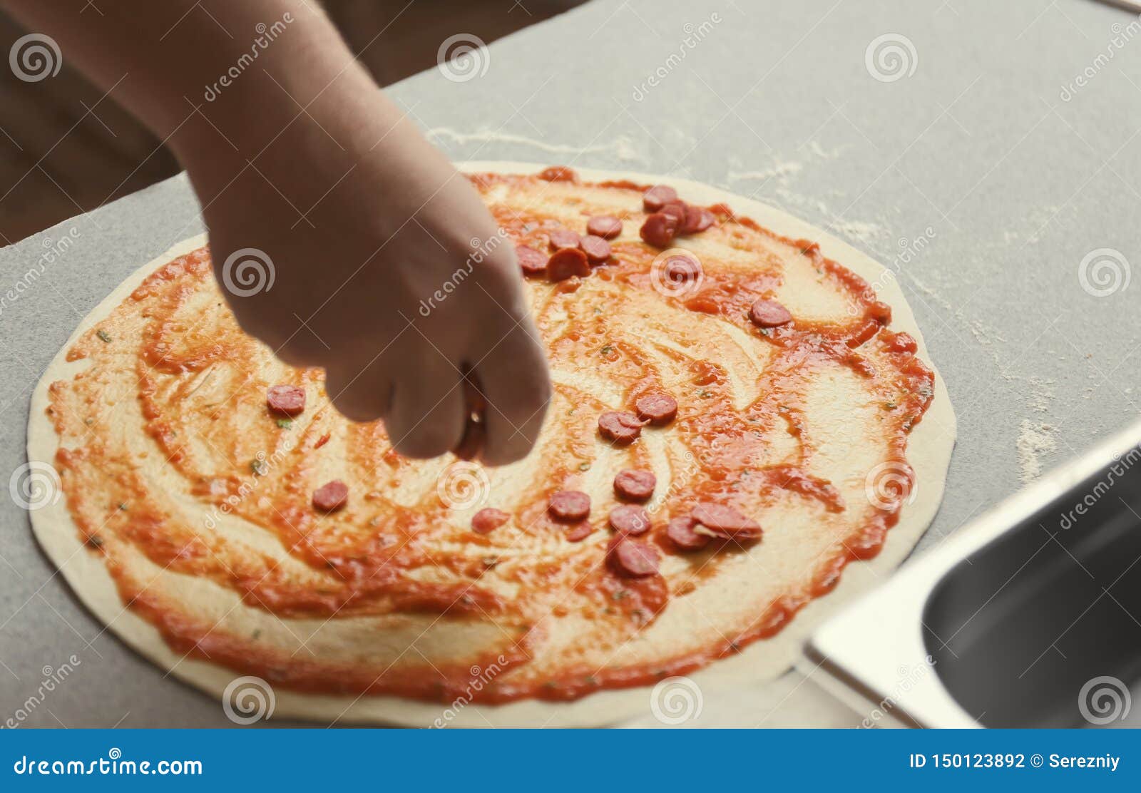 Chef Preparing Pizza on Table in Restaurant Kitchen Stock Photo - Image ...
