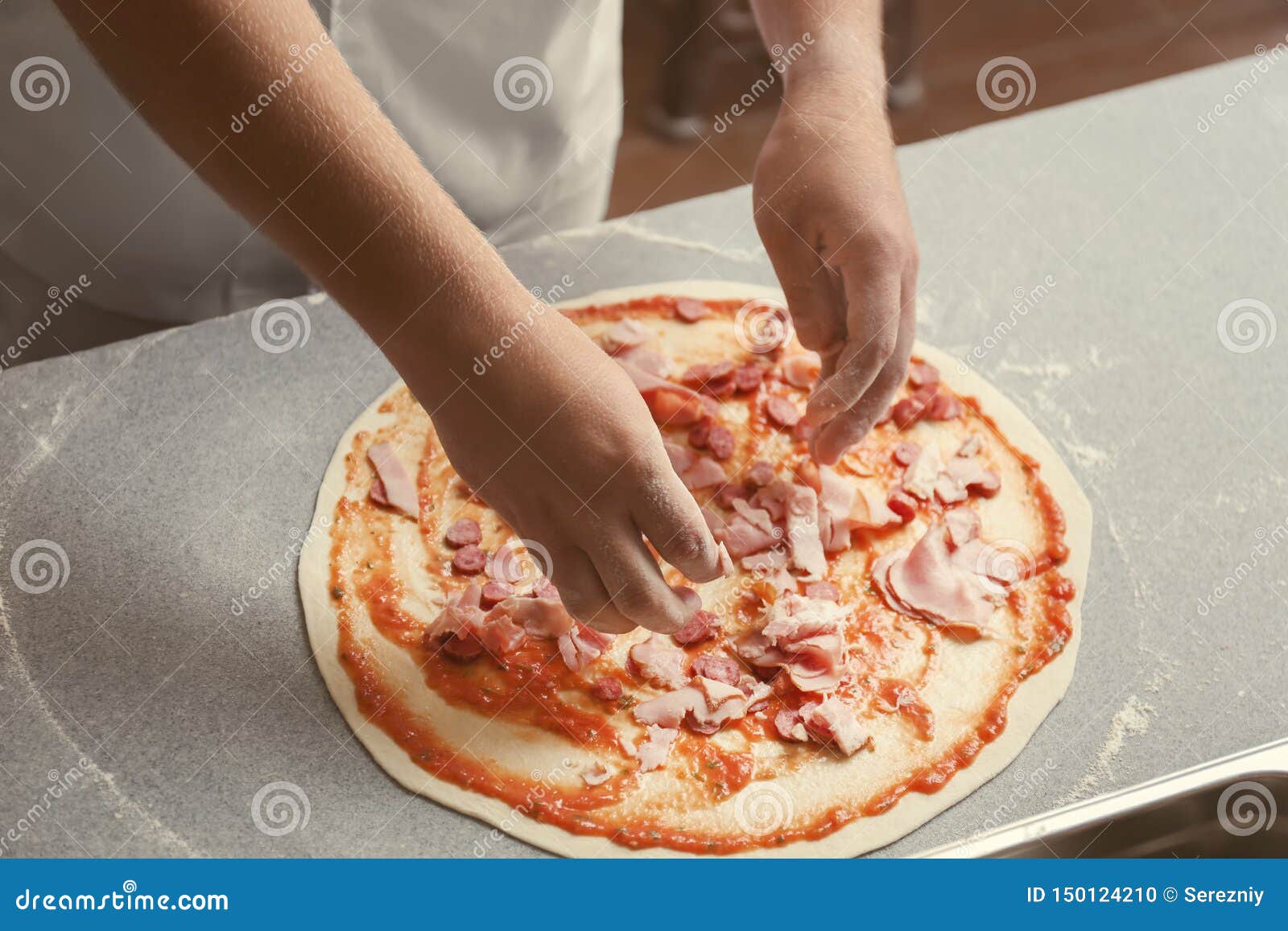 Chef Preparing Pizza on Table in Restaurant Kitchen Stock Photo - Image ...
