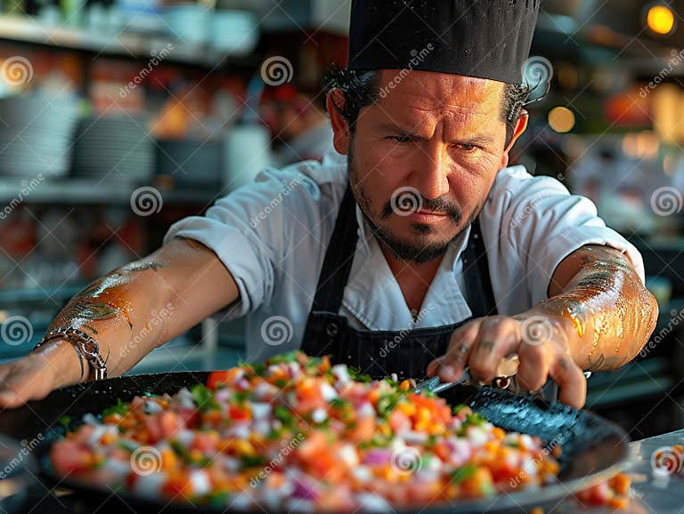 A Chef Preparing a Plate of Ceviche in a Mexican Restaurant. Stock ...