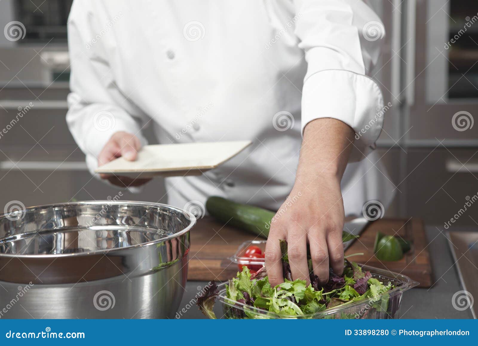 Chef Preparing Salad in Commercial Kitchen Stock Photo - Image of ...
