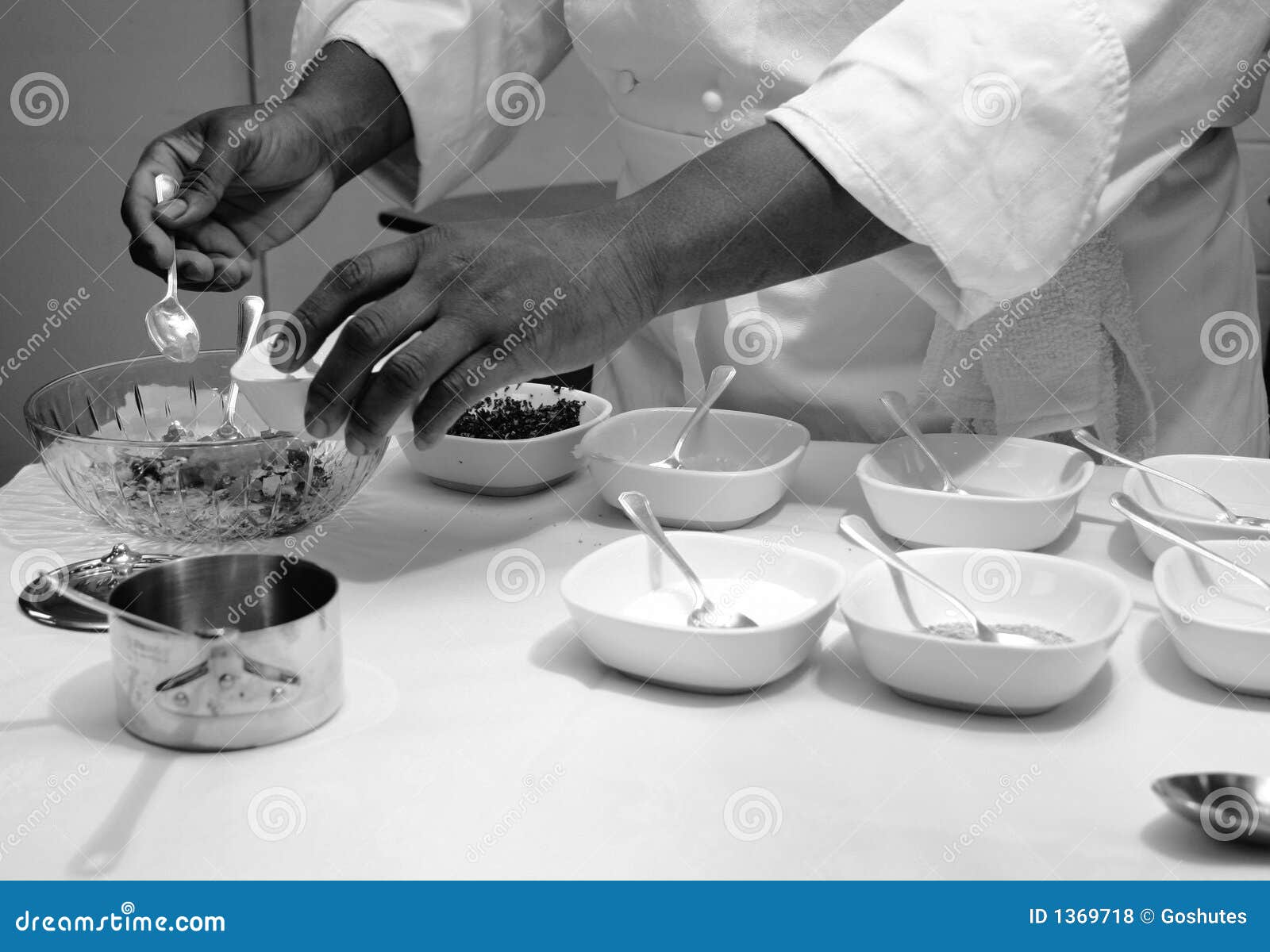 Chef Preparing Sauce on Table with White Cloth, Black and White Stock ...