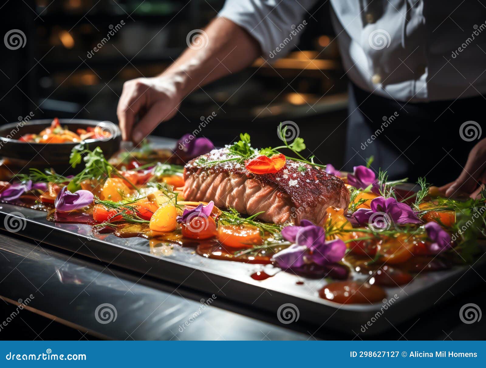 Chef Preparing and Serving an Elegant Meal. Service Time Stock ...