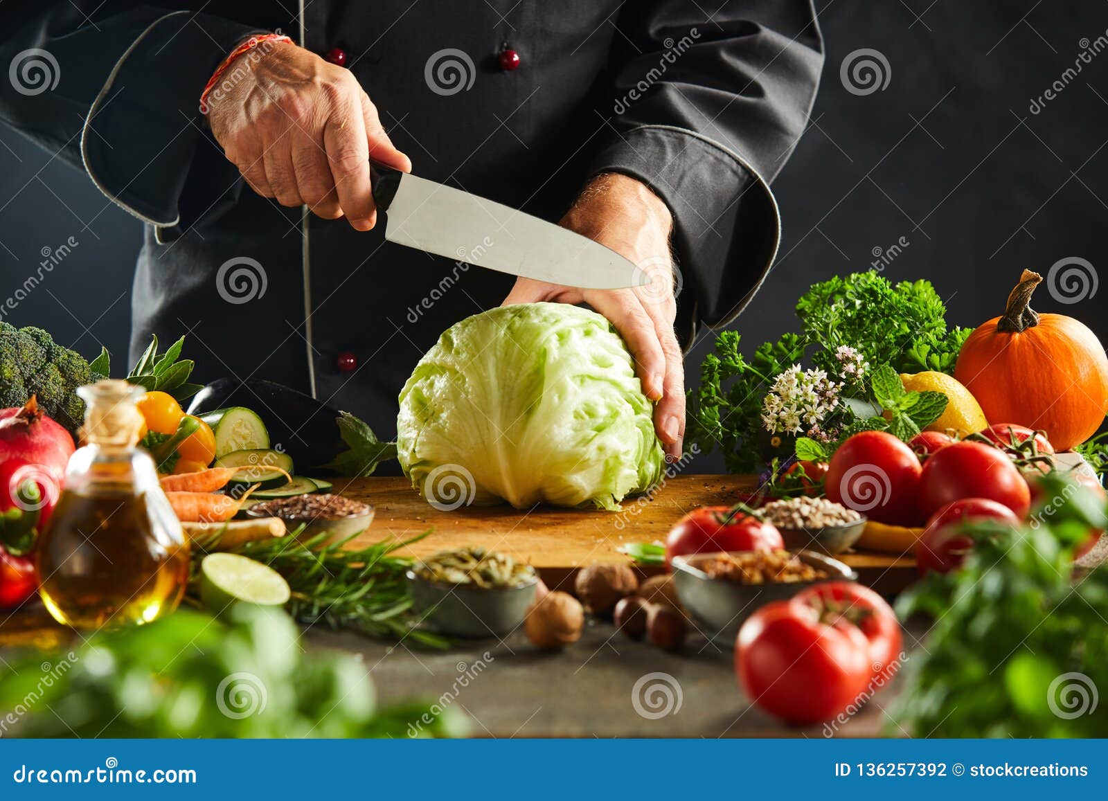Chef Preparing To Slice a Fresh Cabbage Stock Photo - Image of herbs ...