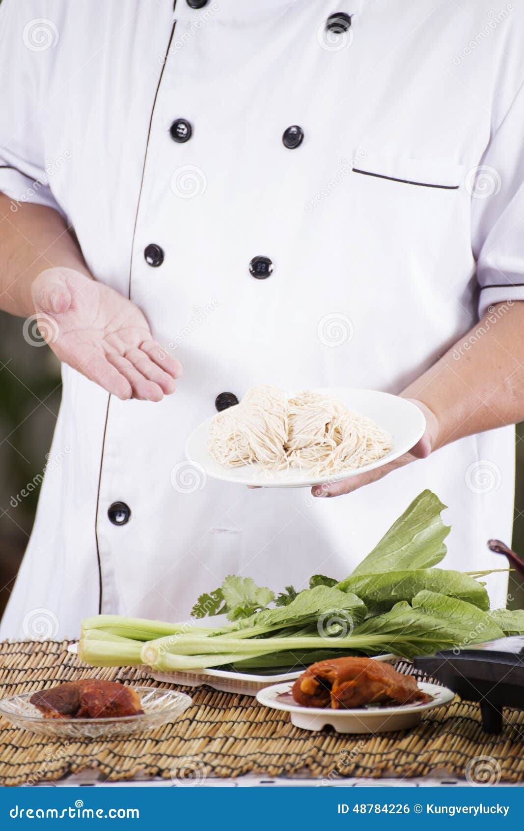 Chef Present Noodle with Noodle Ingredient Stock Photo - Image of ...