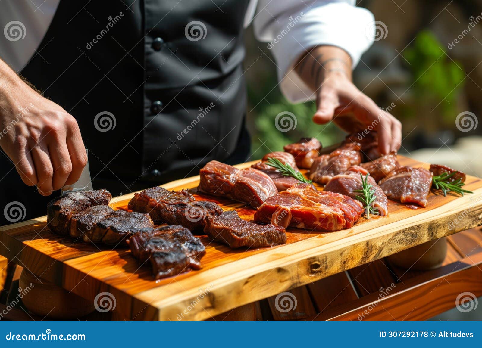 Chef Presenting Different Cuts of Meat on a Board Stock Photo - Image ...