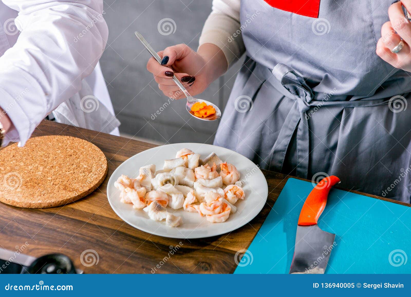 Chef Puts Shrimp on a Plate. Master Class in the Kitchen. the Process ...