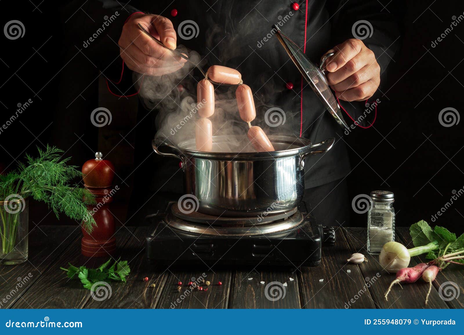 The Chef Puts Vienna Sausage in a Saucepan. Working Environment in the ...