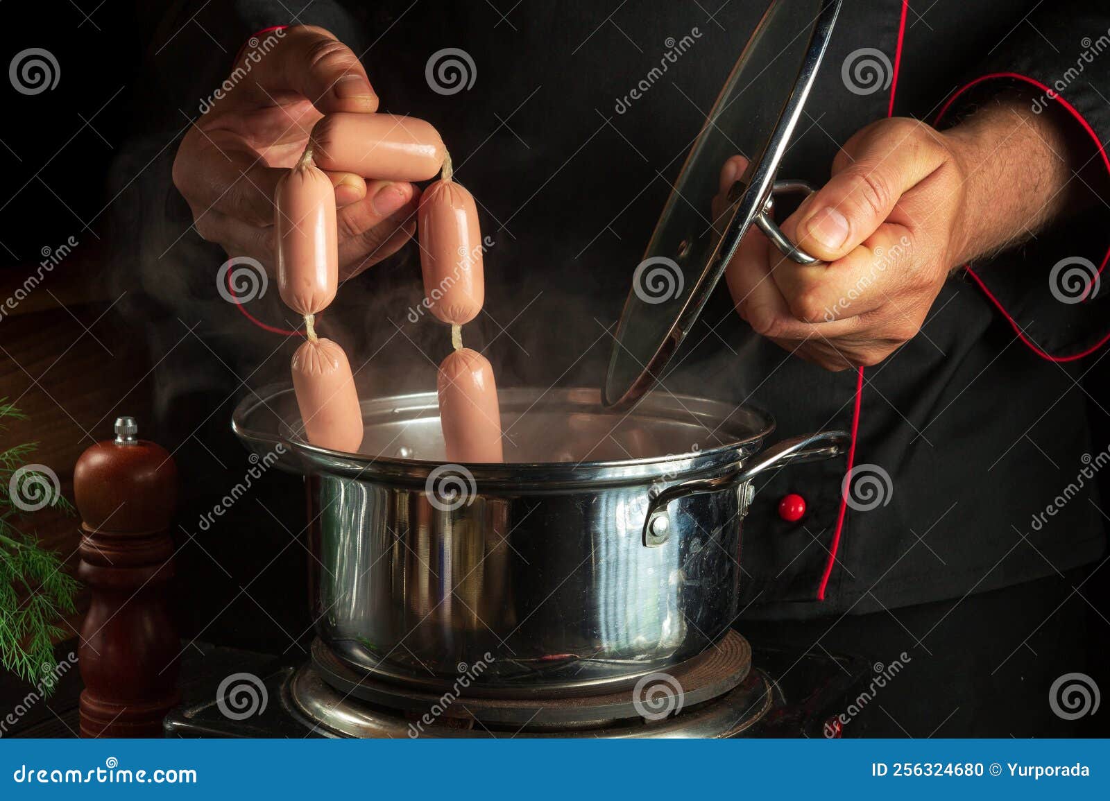 The Chef Puts Vienna Sausage in a Saucepan. Working Environment in the ...
