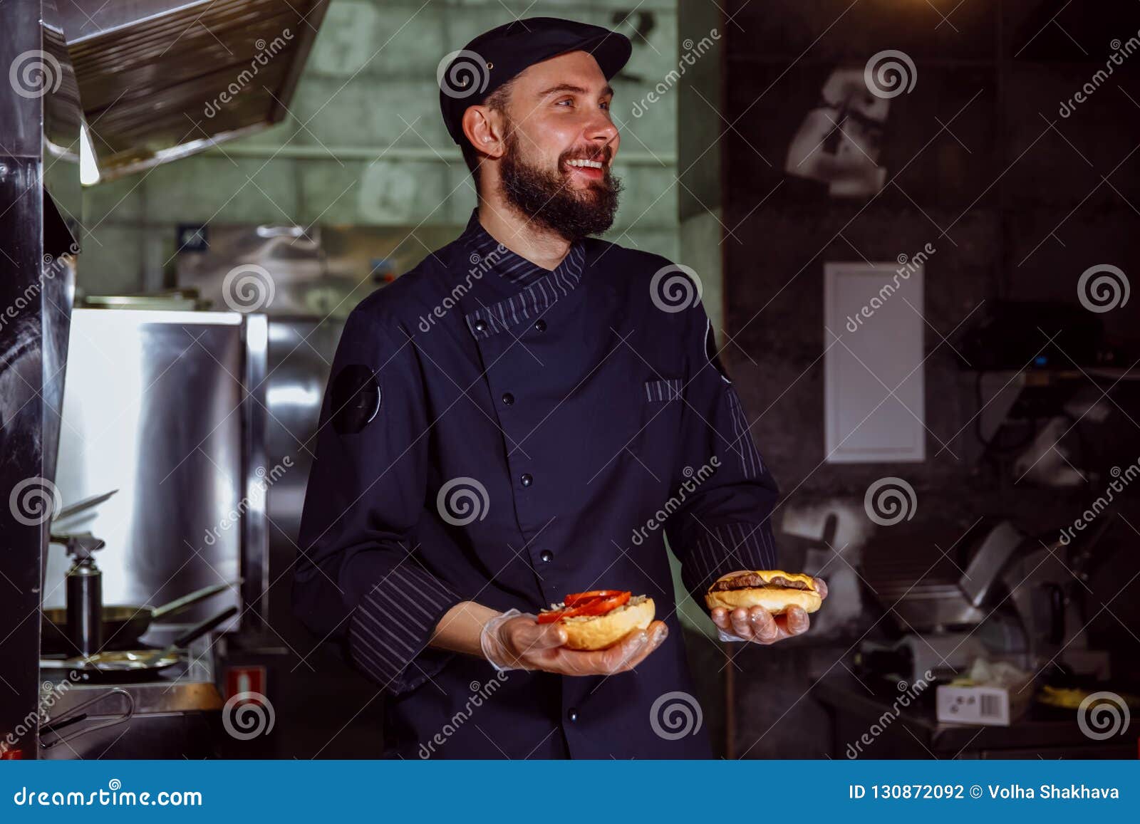 Chef Putting Bun on Top,he Making a Beef Burger for Customer Order ...