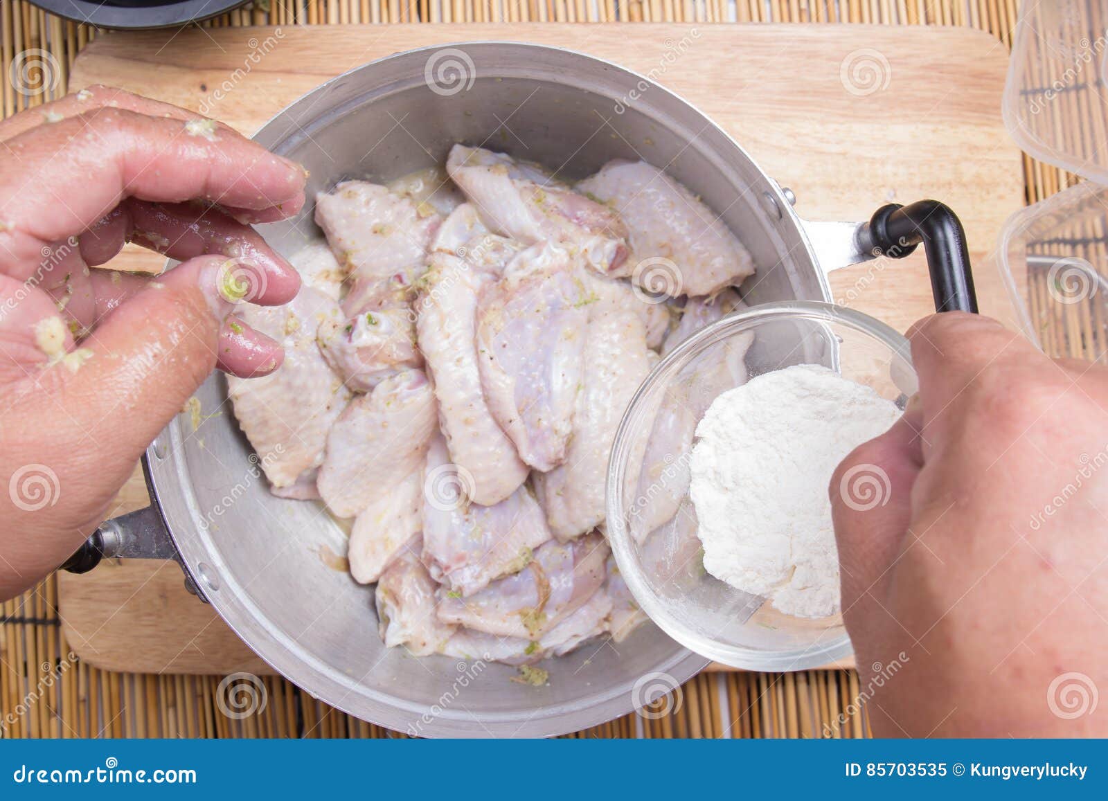 Chef Putting Flour To Chicken Wings for Cooking Stock Image - Image of ...