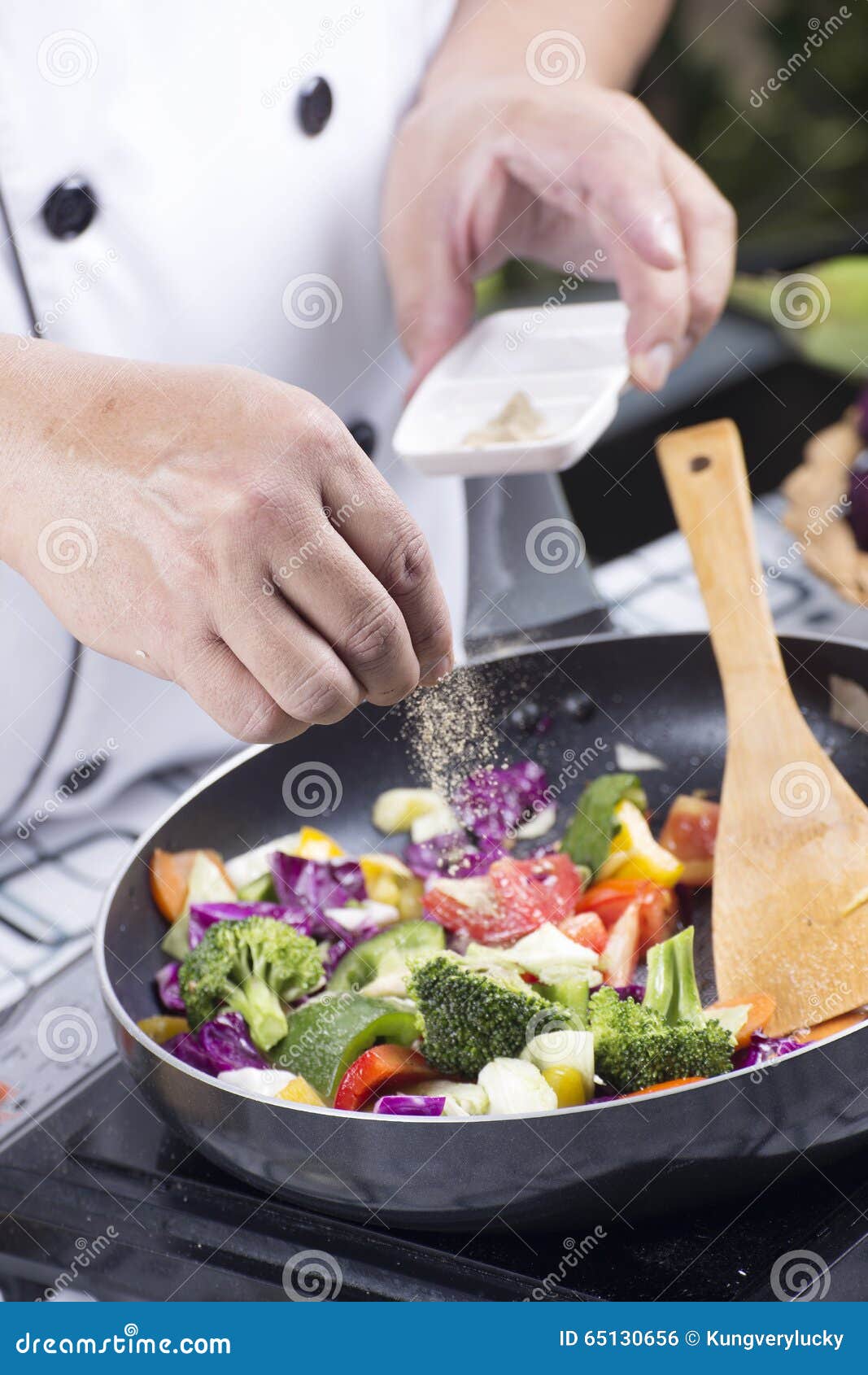 Chef Putting Pepper To the Pan Stock Photo - Image of culinary, hand ...