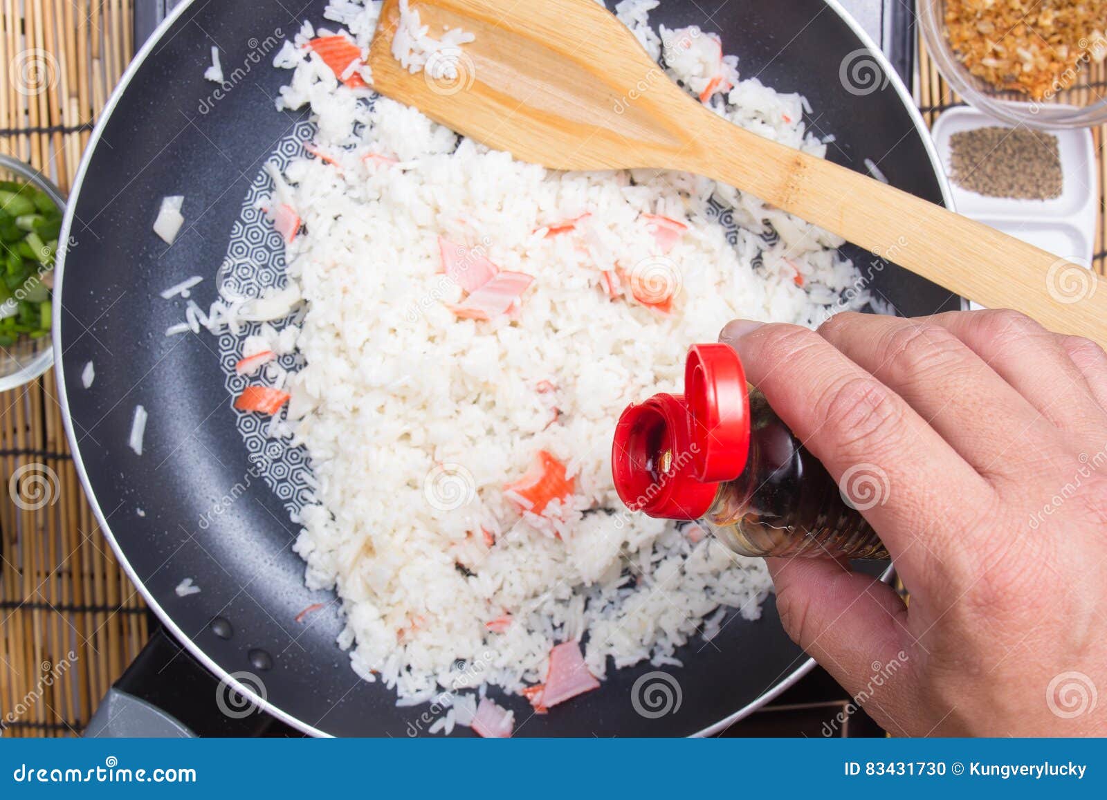 Chef Putting Soy Sauce for Cooking Rice Stock Photo - Image of food ...