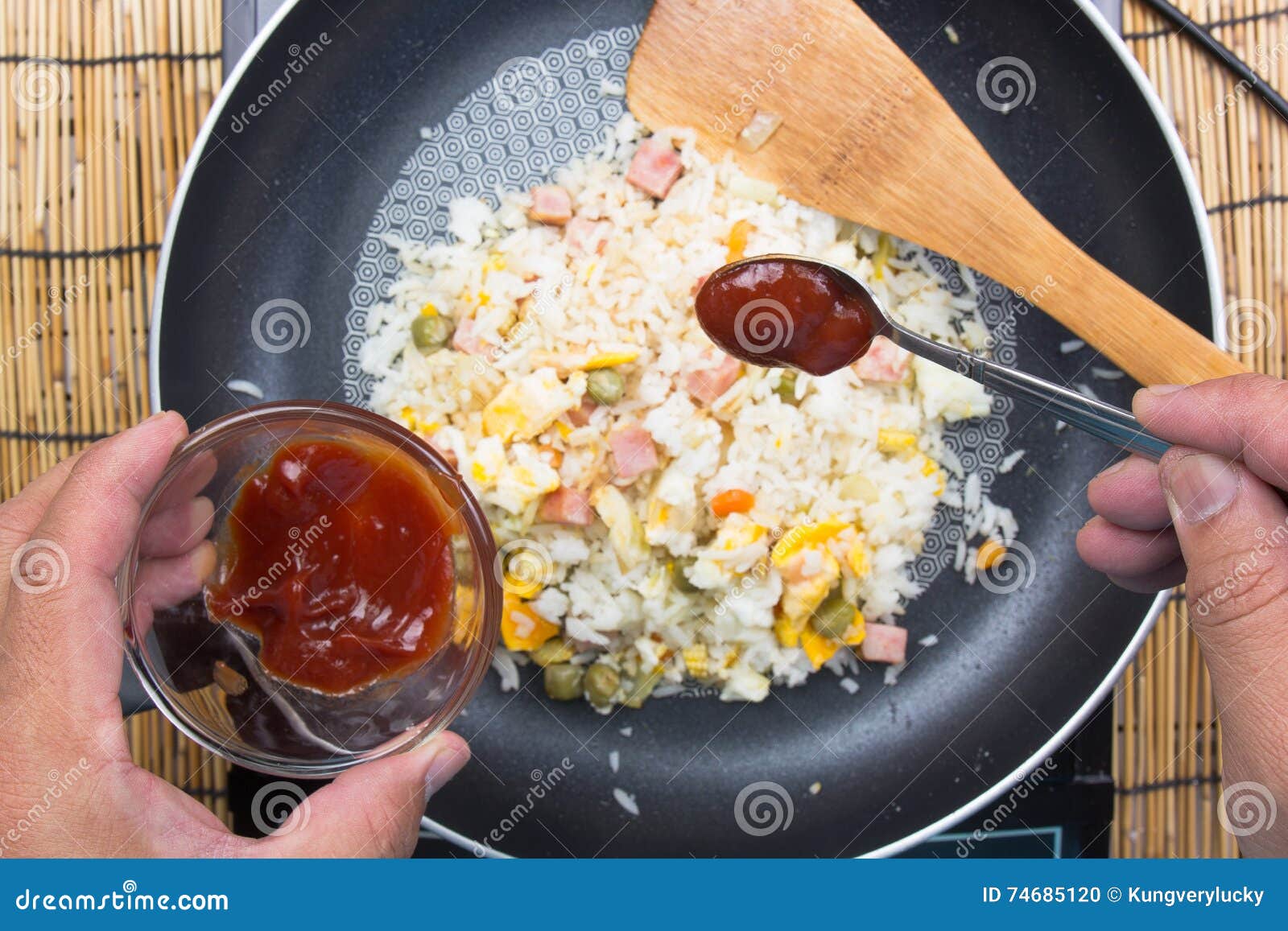 Chef Putting Tomato Sauce for Cooking Fried Rice Stock Photo - Image of ...