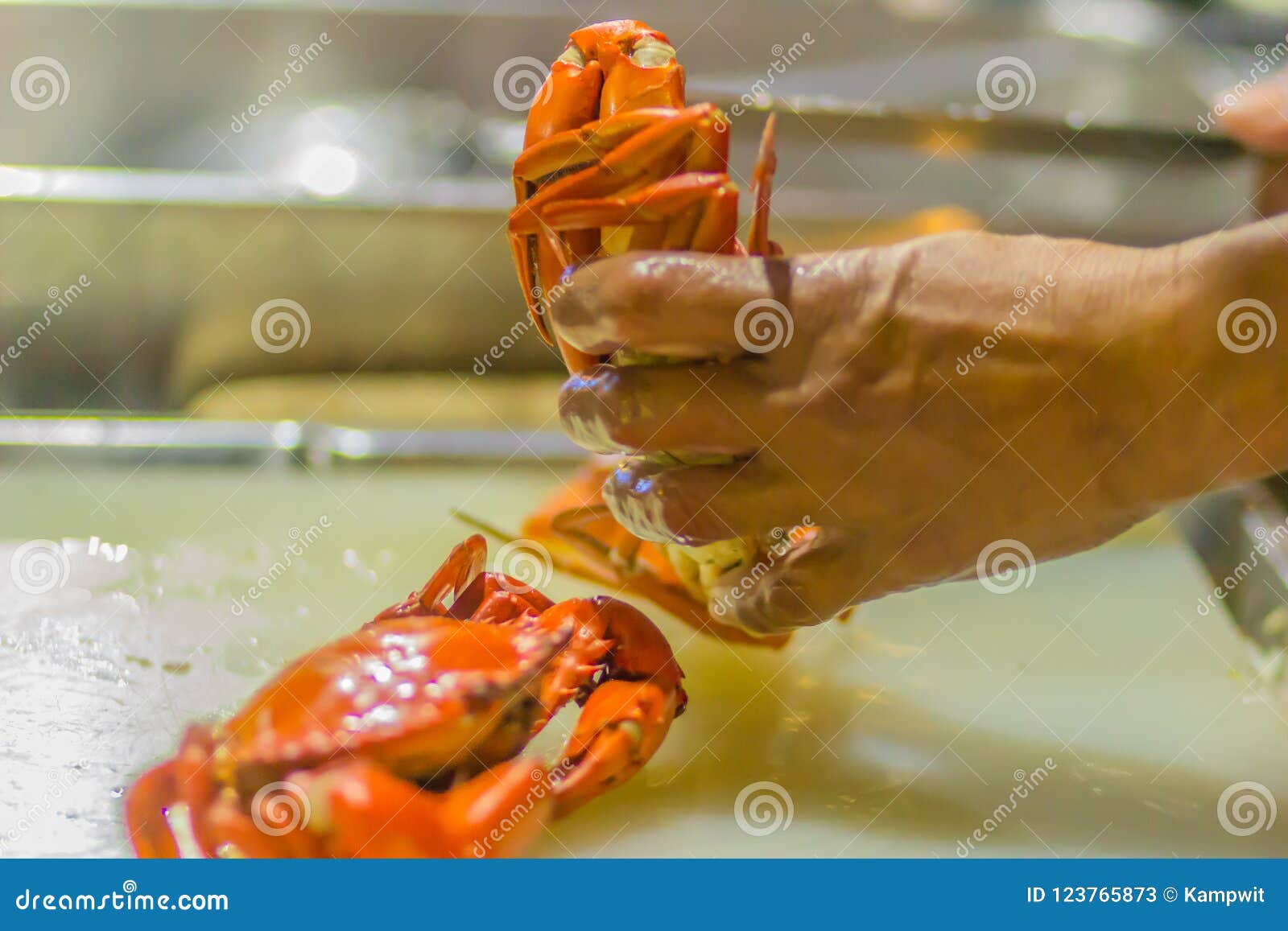 Chef in Restaurant during Cut the Steamed Crab before Serve To the ...